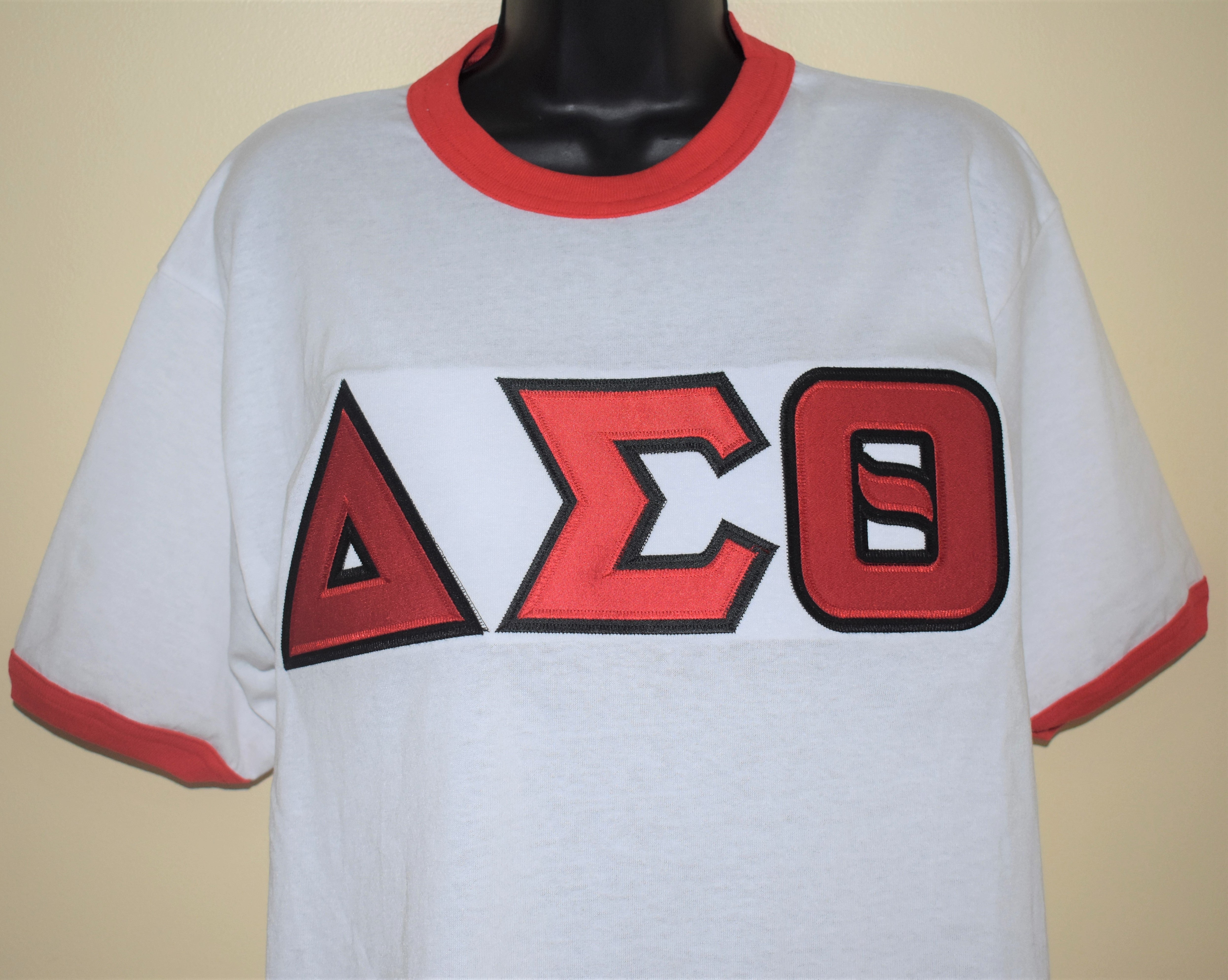 DST White and Red Ringer (Red & Black Symbols) – J Mar Greek Life